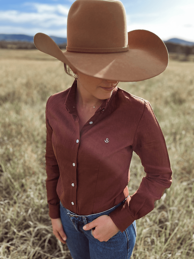 Reba Collection Shirt Womens KT Chocco Linen – Gympie Saddleworld ...